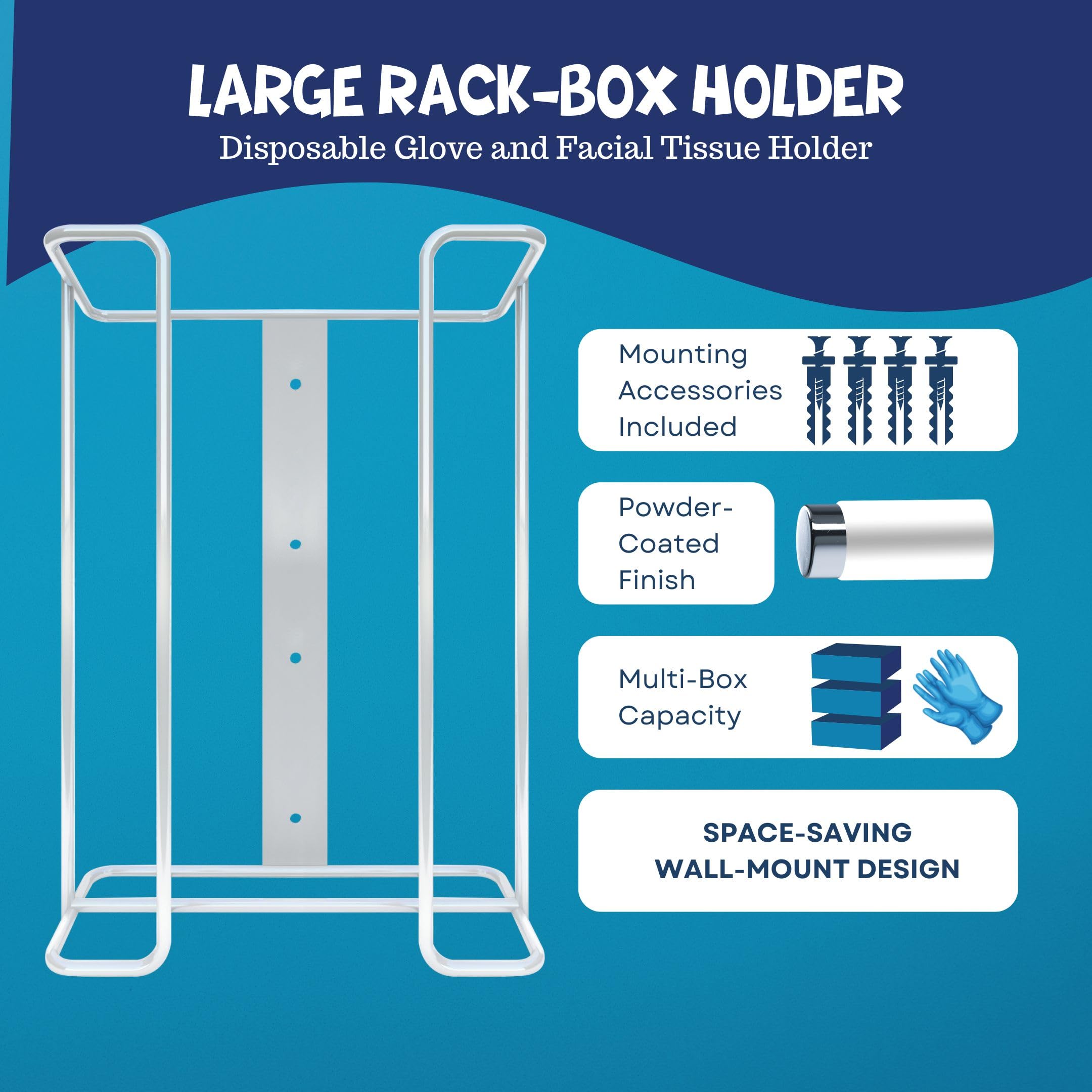 PERFORMORE Large Disposable Glove and Facial Tissue Wire Rack- Box Holder, Holds Up To 3 Boxes, Dispenser, Wall Mount Design With Mounting Accessories Included