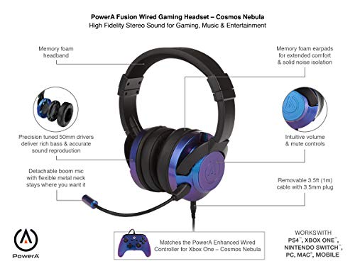 PowerA Fusion Wired Stereo Gaming Headset with Mic for PlayStation 4, Xbox One, X, Xbox One S, Xbox 360, Nintendo Switch, PC, Mac, VR, Android, and iOS - Cosmos Nebula - Xbox 360; Xbox