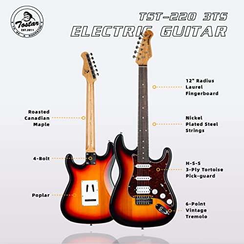 TOSTAR Electric Guitar Kit, 39 Inch Solid Right Hand Guitar Electric for Beginners with Amp + Straps + 4*Guitar Picks + 6*String Set + Tuner + Cable + Electric Guitar Bag (Sunburst)