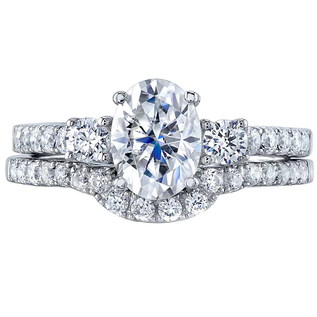 PEORA Moissanite Oval Cut Engagement Ring and Wedding Band Bridal Set in Sterling Silver, 1.50 Carat Center, DE Color, VVS Clarity, Size 4
