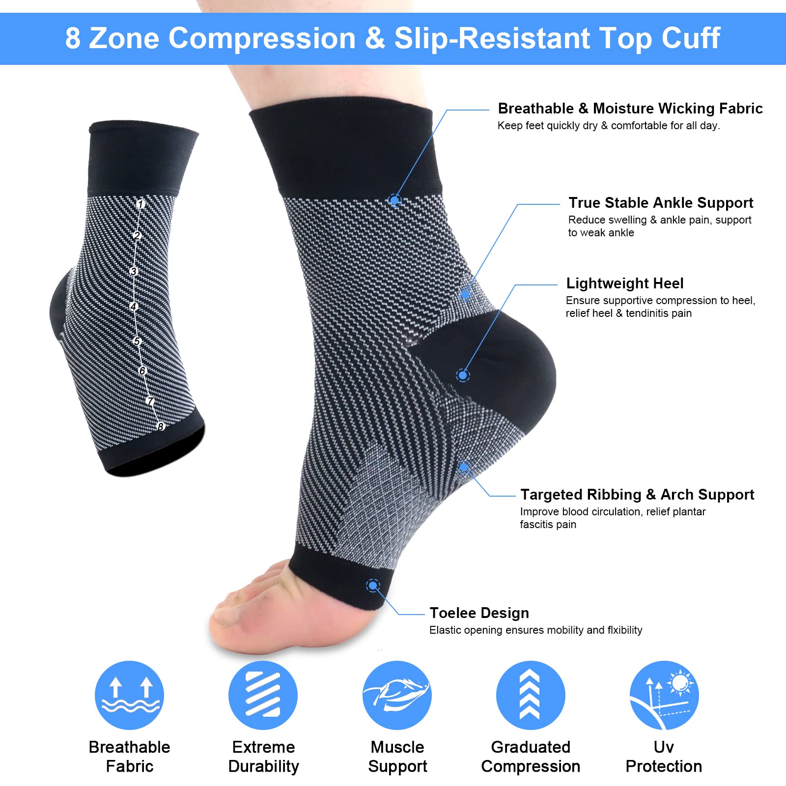 Ryscam Plantar Fasciitis Compression Socks for Women & Men, 2.0Version Foot Compression Sleeves for Heel/Arch Support, Relieve Plantar Fasciitis/Heel Pain for Everyday Use-Large