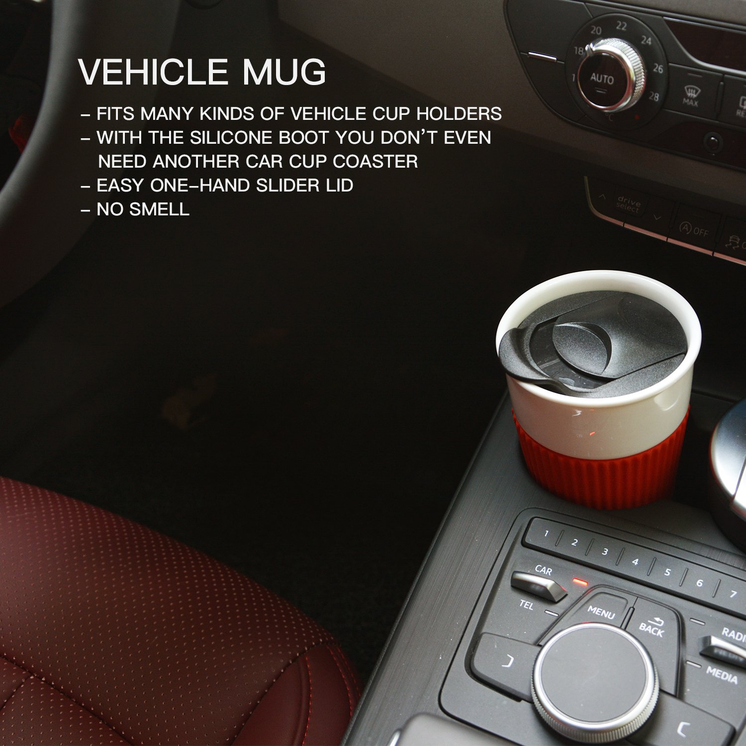 UDMG Ceramic Double Wall Insulated Travel Coffee Cup with Slider Lid, Silicone Sleeve & Built-in Coaster, 10 fl.oz (Coffee)