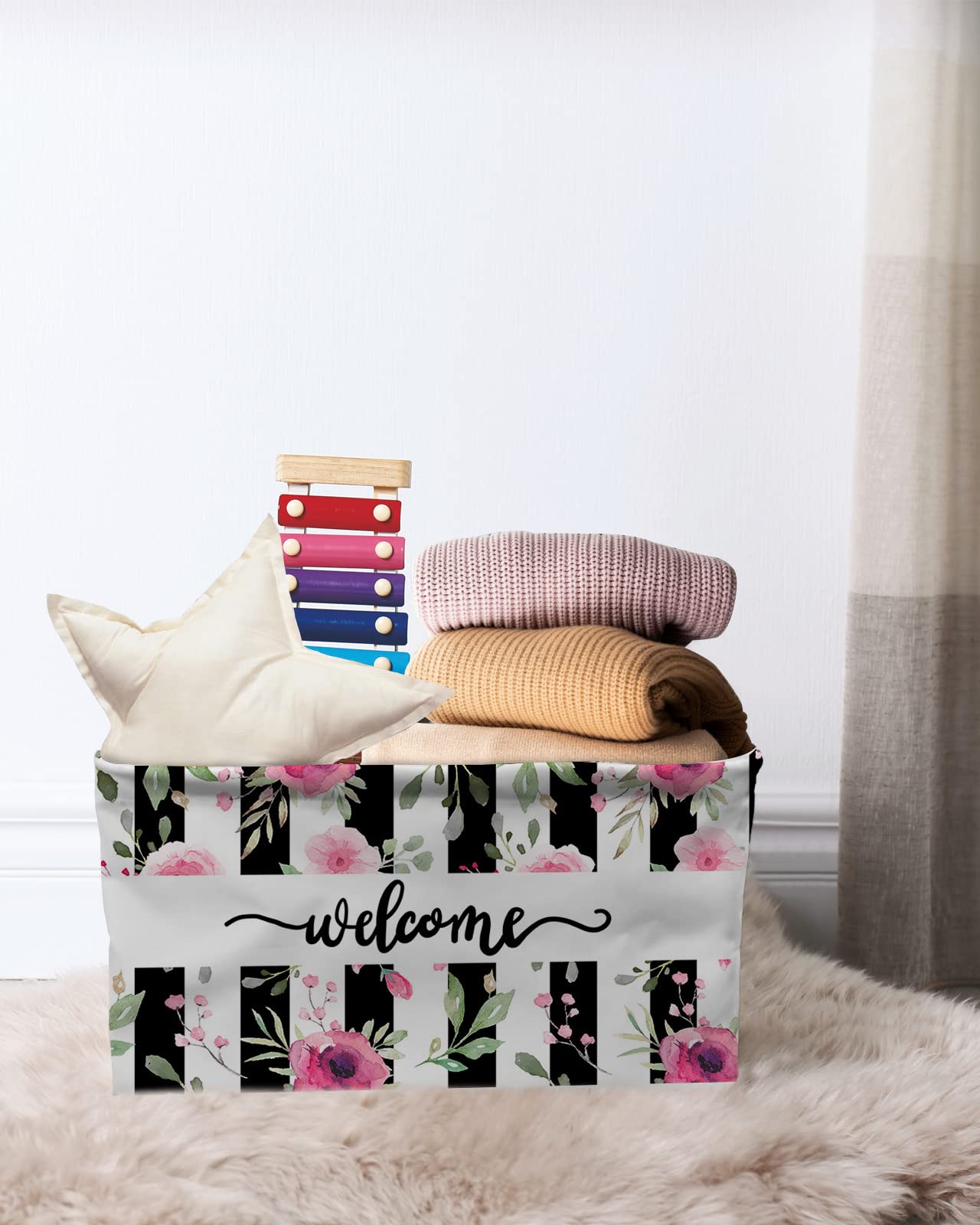 Storage Basket Pink Flowers Floral Leaves Large Foldable Storage Bins with Handles Black and White Stripe Waterproof Fabric Laundry Baskets for Organizing Shelves Closet Toy Gifts Bedroom Home Decor