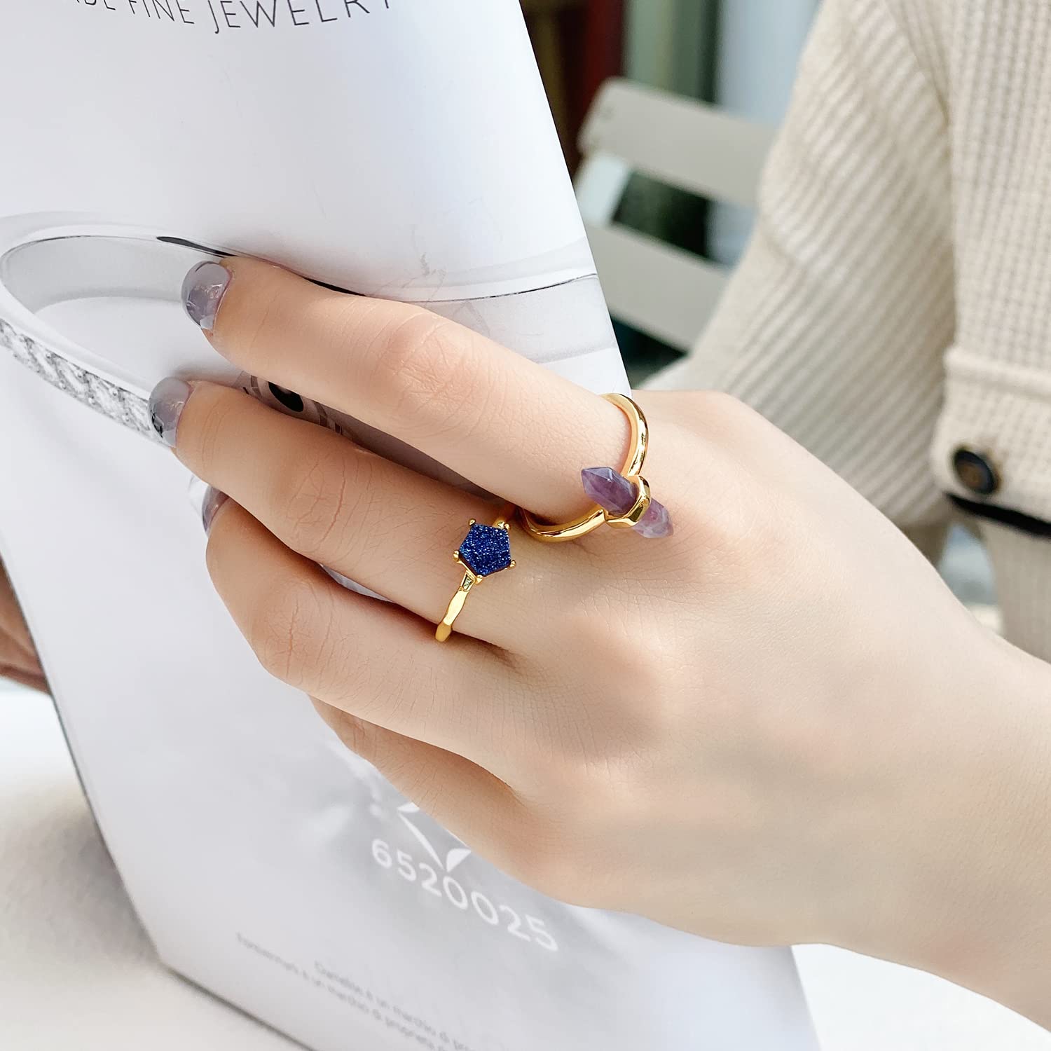 VIENNOIS 2 PCS Amethyst Natural Healing Crystal Ring for Women,Adjustable Open Healing Stones Gemstone Birthstone Jewelry Rings For Develop Intelligence Enhance Memory