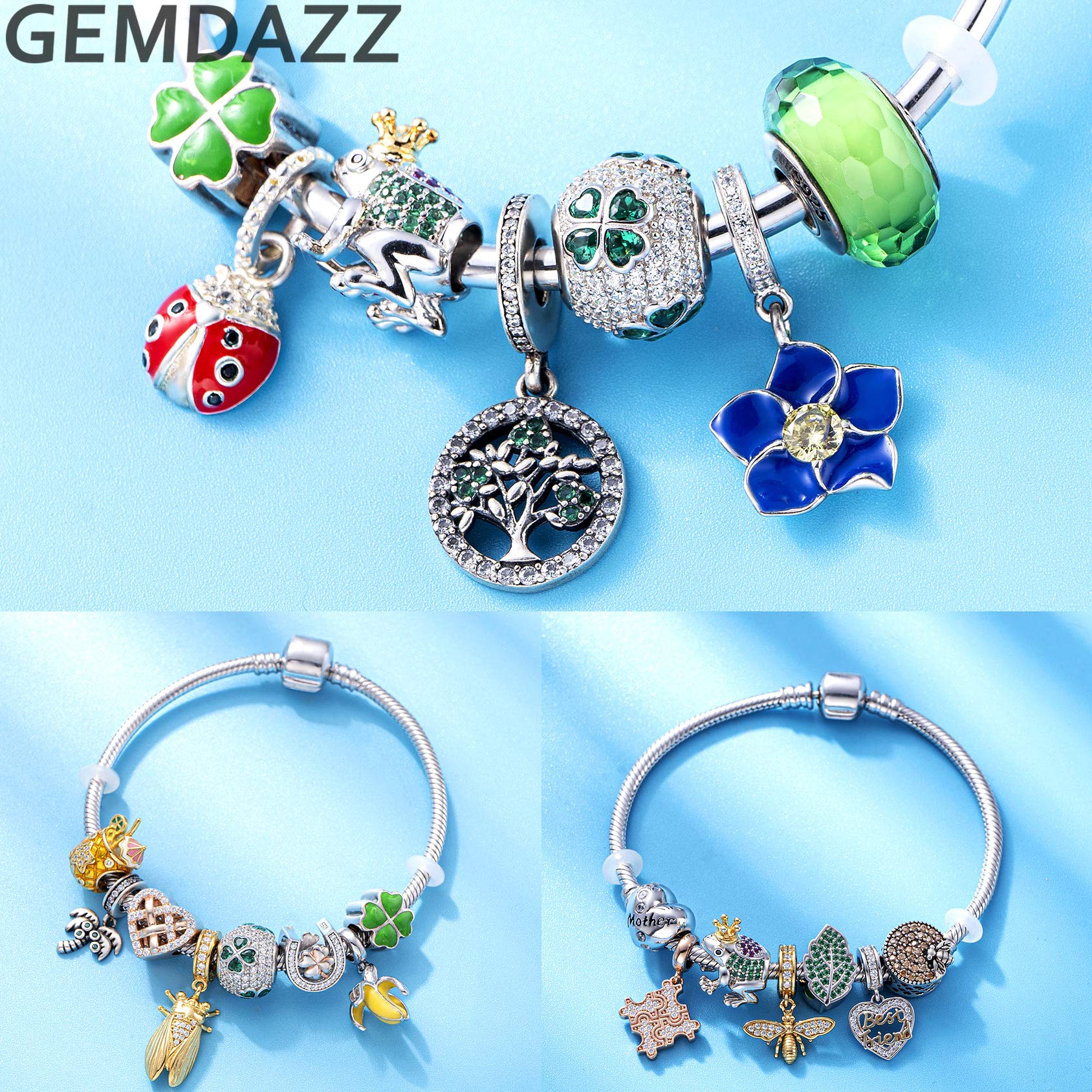 Sparklig Pave Green 4 Leaf Clover Charms in 925 Sterling Silver, Irish Shamrock CZ Round Ball Beads fit Pandora St Patricks Bracelet, Gift for Mothers Day/Valentines