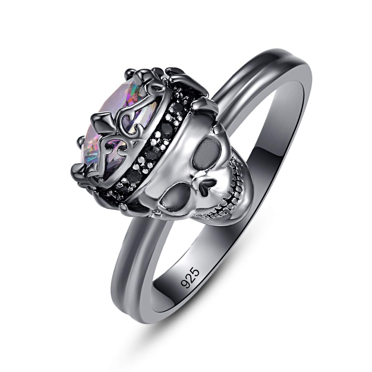 Narica Black Gold Plated Women's Antique Gothic Skull Ring Retro Oxidized Finished Round Cut Created Rainbow Topaz CZ Cubic Zirconia Filled Vintage Band Halloween 6#