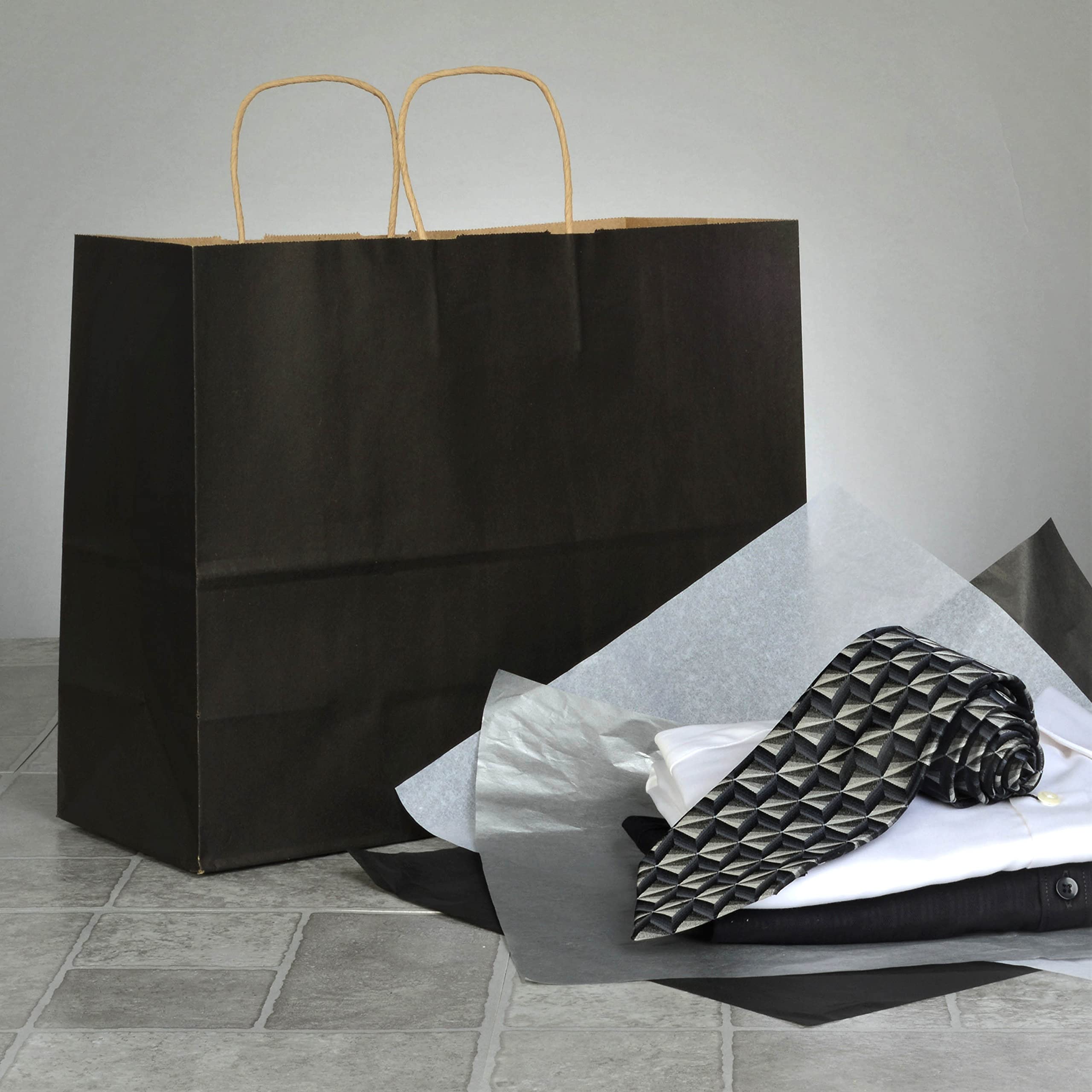 Prime Line Packaging 16x6x12 50 Pack Black Gift Bags with Handles, Large Paper Bags, Bulk for Small Business, Boutique, Shopping, Gift Wrap, Favors