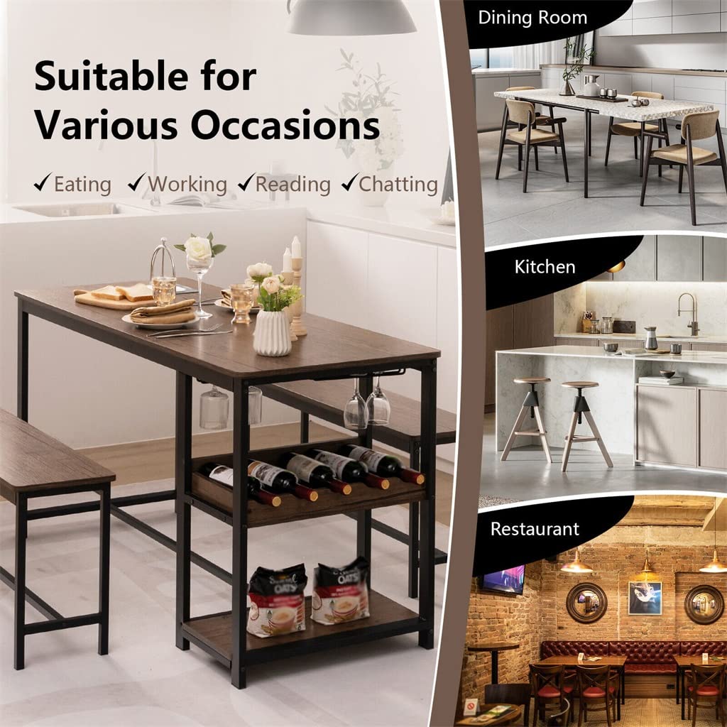 MJWDP 3 Piece Dining Table Set for Kitchen Table and 2 Bench Storage Compartments with Wine Rack