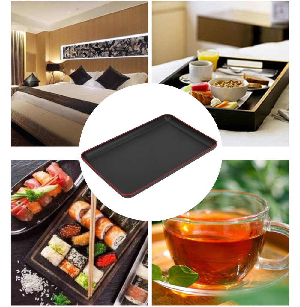 Rectangle Serving Tray,Tea Serving Tray, Bent Ply Tray,Fast Food Cafeteria Tray,Non-Slip Multi-Purpose Plastic Cafeteria Tray for Coffee Table, Kitchen, Parties,Black&Red (11.8 * 7.9 in)