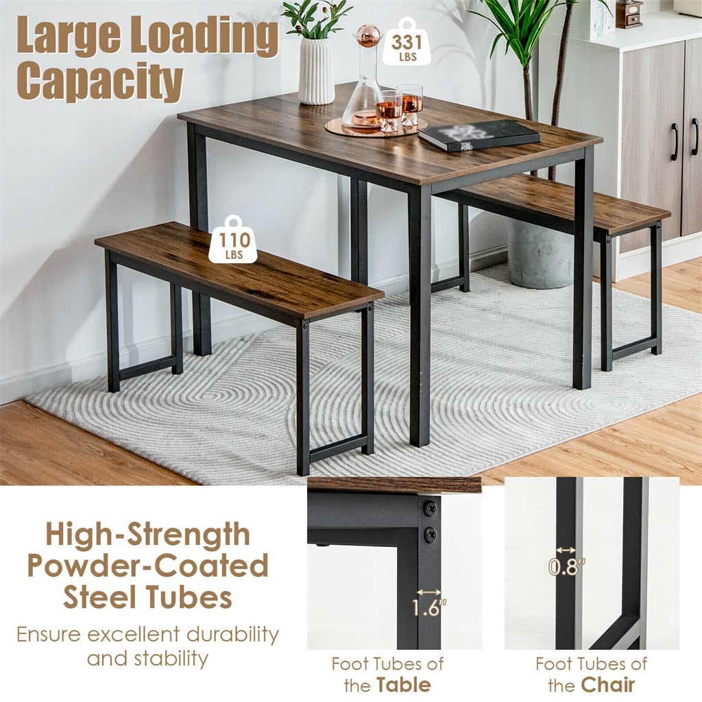MJWDP 3 Piece Dining Table Bench Set with Wooden Top and Metal Frame Furniture Set
