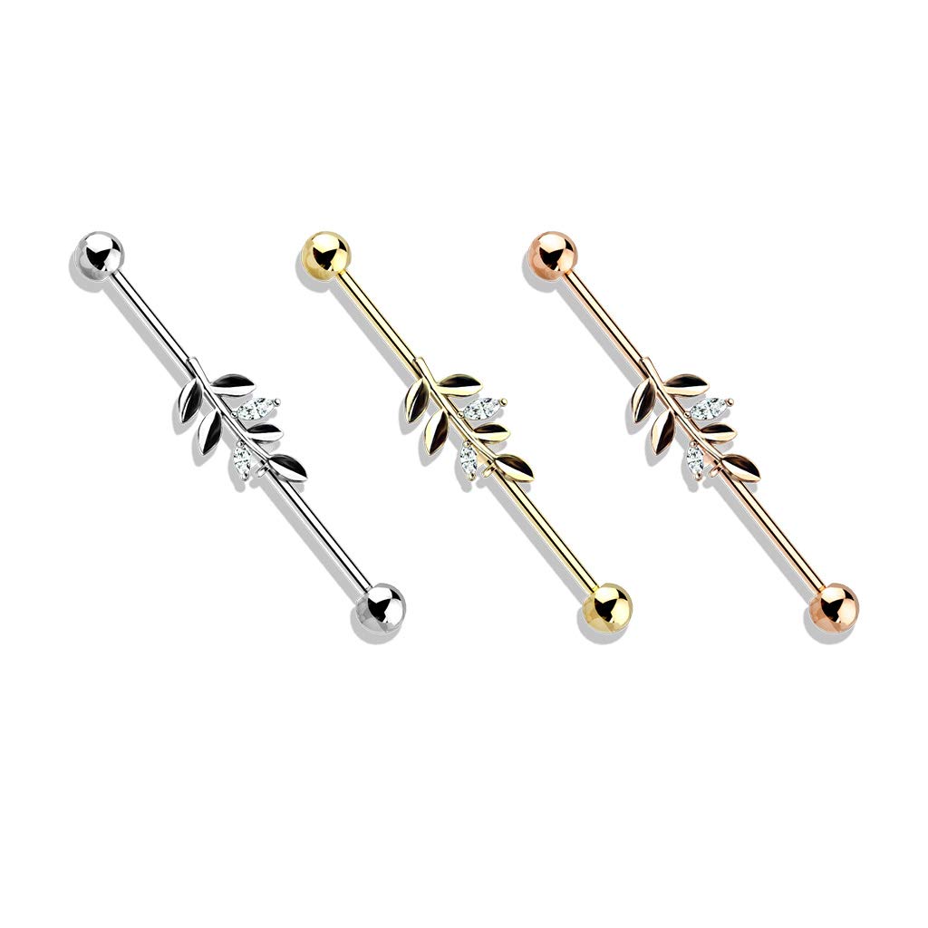 Pierced Owl CZ Crystal Leaf Stainless Steel Industrial Barbell (Silver Tone)