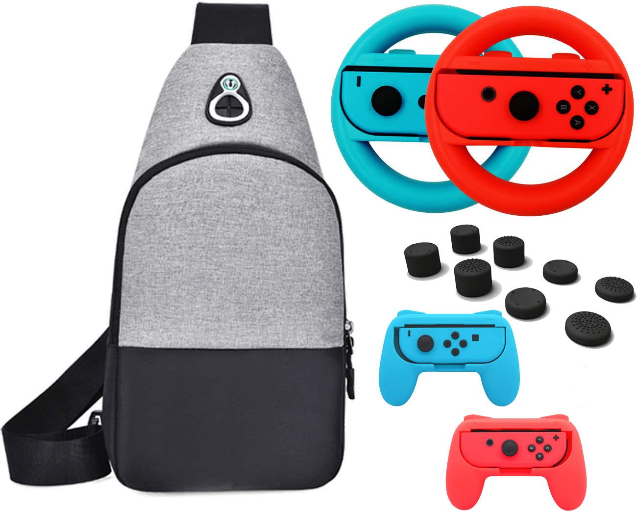 NiSotieb 13 in 1 Switch Controller Accessories Bundle for Switch- Travel Bag/Switch Steering Wheel 8 Delux/Hand Grips Handle/8x Thumb Grip