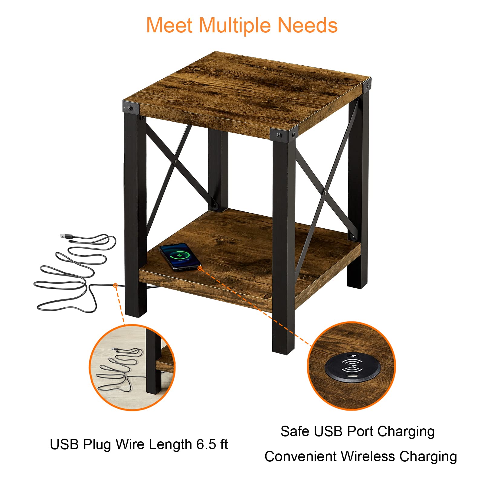 Okvnbjk Rustic End Table with Charging Station, Nightstand Side Table with Wireless Charger Pad & USB Port, Suitable for Living Room, Bedroom, Office, Small Spaces, Rustic Brown