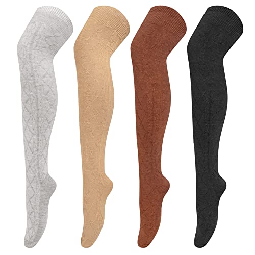 Thigh High Socks 4 Pairs, Over Knee High Socks for Women, Knee High Socks Thin Tights Stockings Leg Warmer,Black/Caramel/Khaki/Light Grey