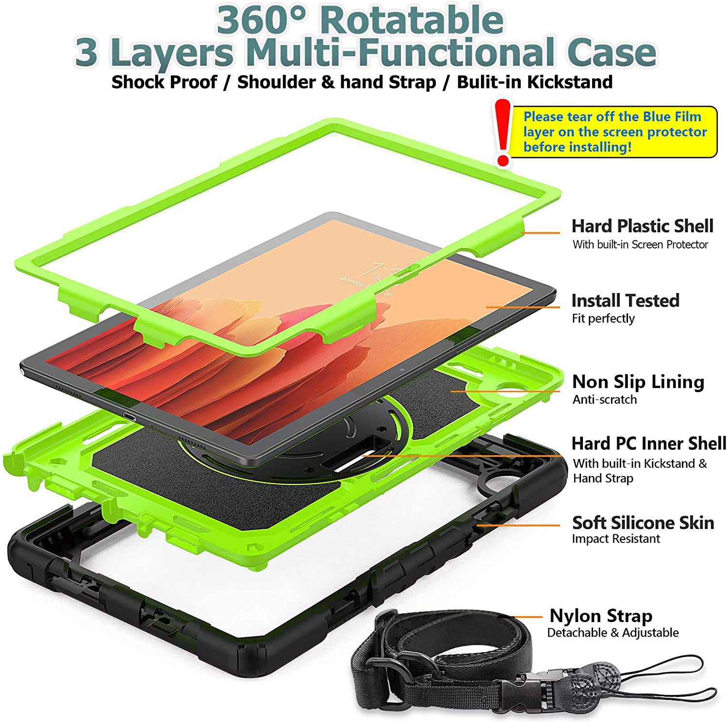 Samsung Galaxy Tab A9 Plus Kids Case 2023 with Screen Protector,BLOSOMEET Full Body Shockproof Cover for Tablet A9+ w/S Pen Holder Stand Hand Strap Shoulder Strap,Green