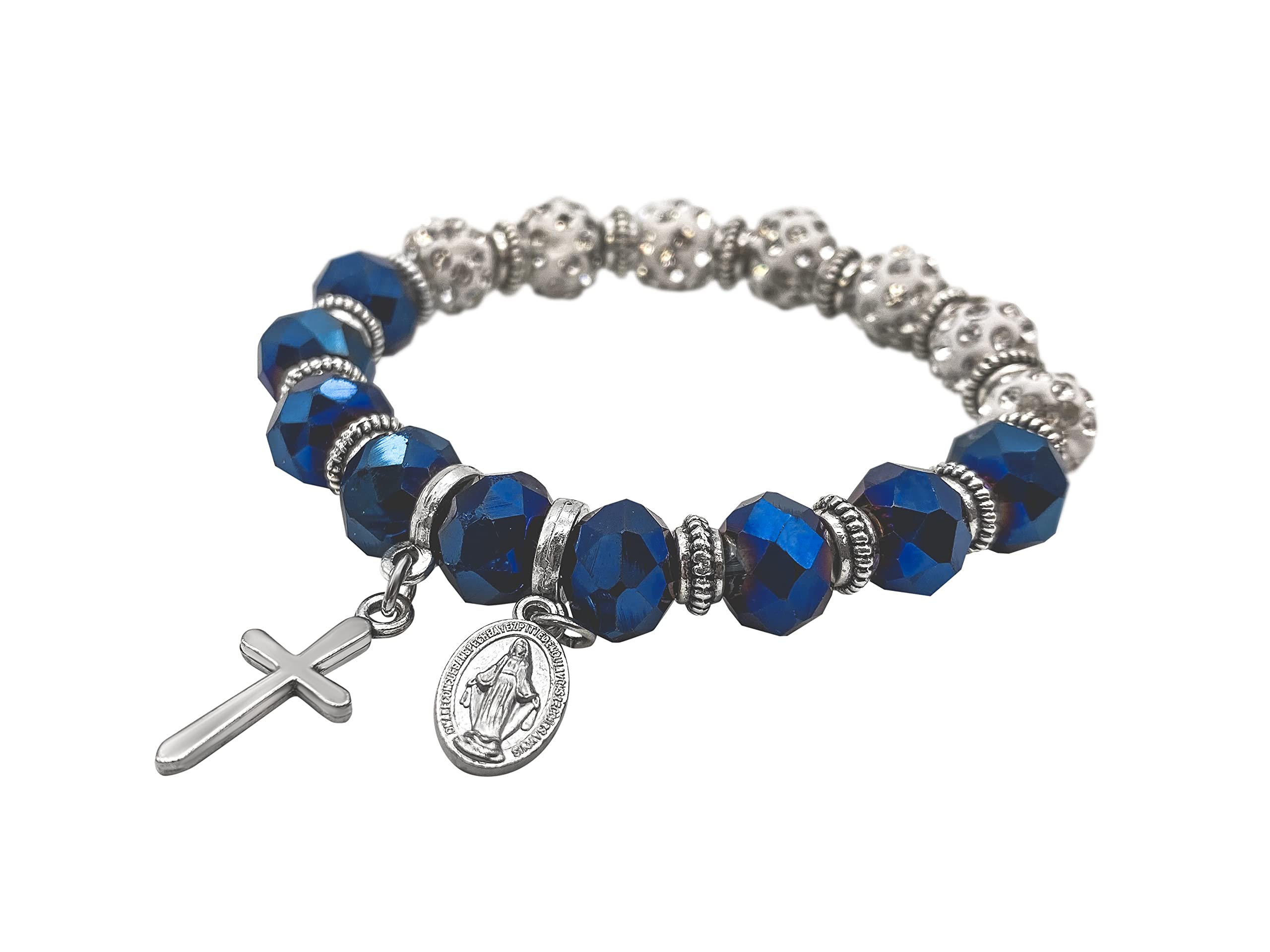 Nazareth Store Women's Beaded Stretch Rosary Bracelet Deep Blue Crystal Beads Bangle Crucifix & Miraculous Medal