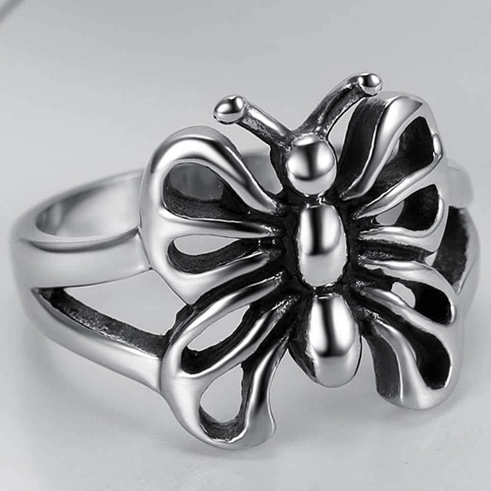 Retro Vintage Stainless Steel Butterfly Style Mother's Day Daughter Birthday Cocktail Party Biker Ring (Silver, 6)