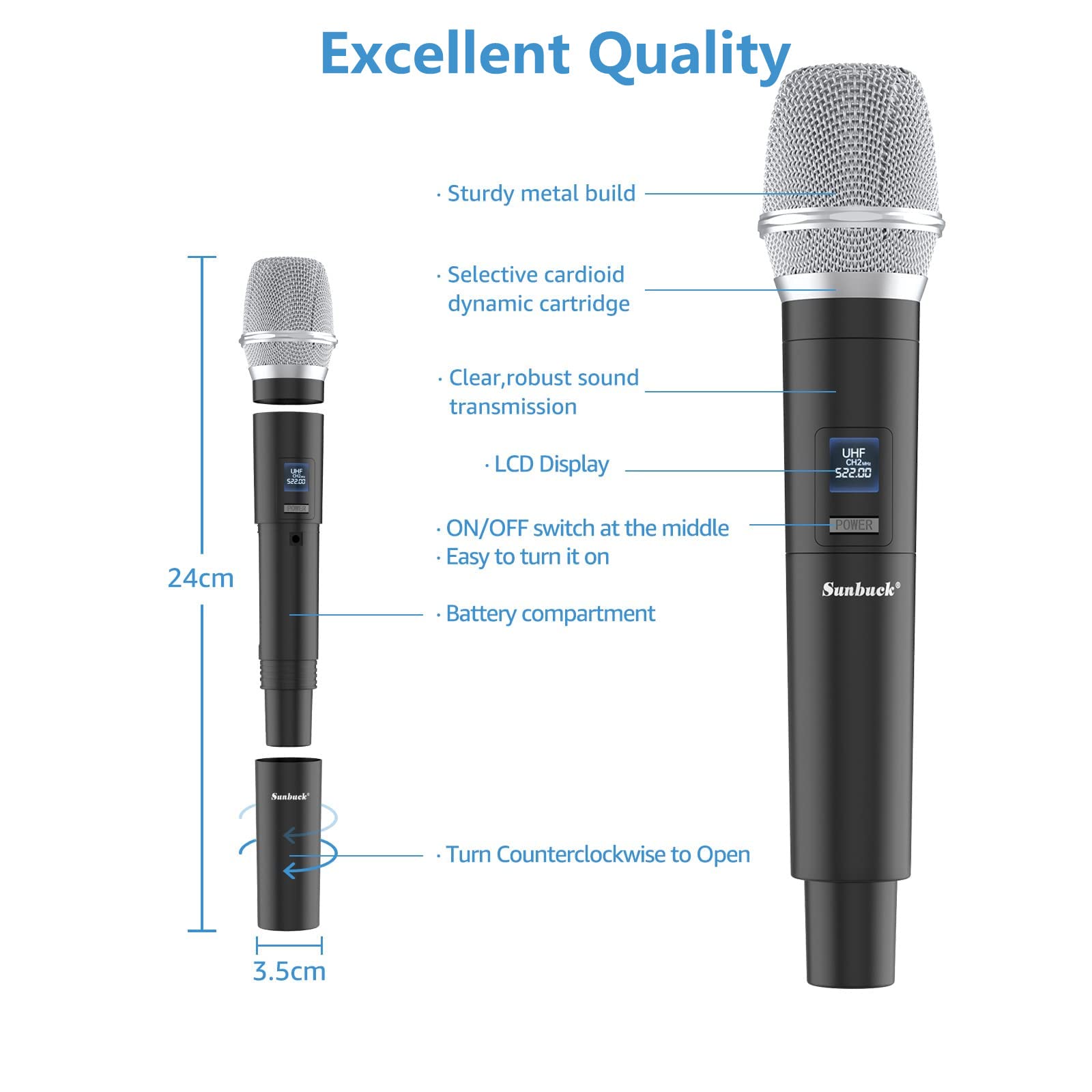 Sunbuck Wireless Microphone System, 2 UHF Cordless Dynamic Mic, Handheld Microphone System, Fixed Frequency,Easy to use, Wireless Microphone Set for Home Karaoke/Wedding/Church/Singing/Party, 280ft