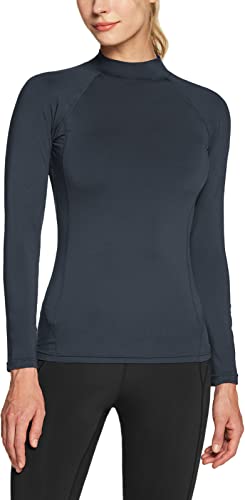 TSLA Women's Thermal Long Sleeve Tops, Mock Turtle & Crew Neck Shirts, Fleece Lined Compression Base Layer, Heat Core Mock Neck 2pack Black/Charcoal, Medium