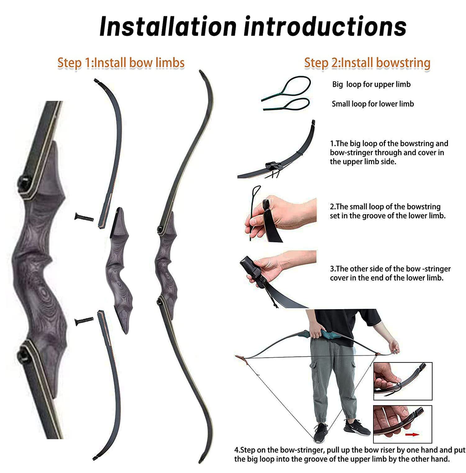 Vogbel 60'' Archery Bow and Arrows Set for Adults Black Hunter Takedown Recurve Bow Survival Bow Hunting Longbow Bamboo Core Limbs for Right Handed Shooters Target Shooting Practice(50lb),Grey