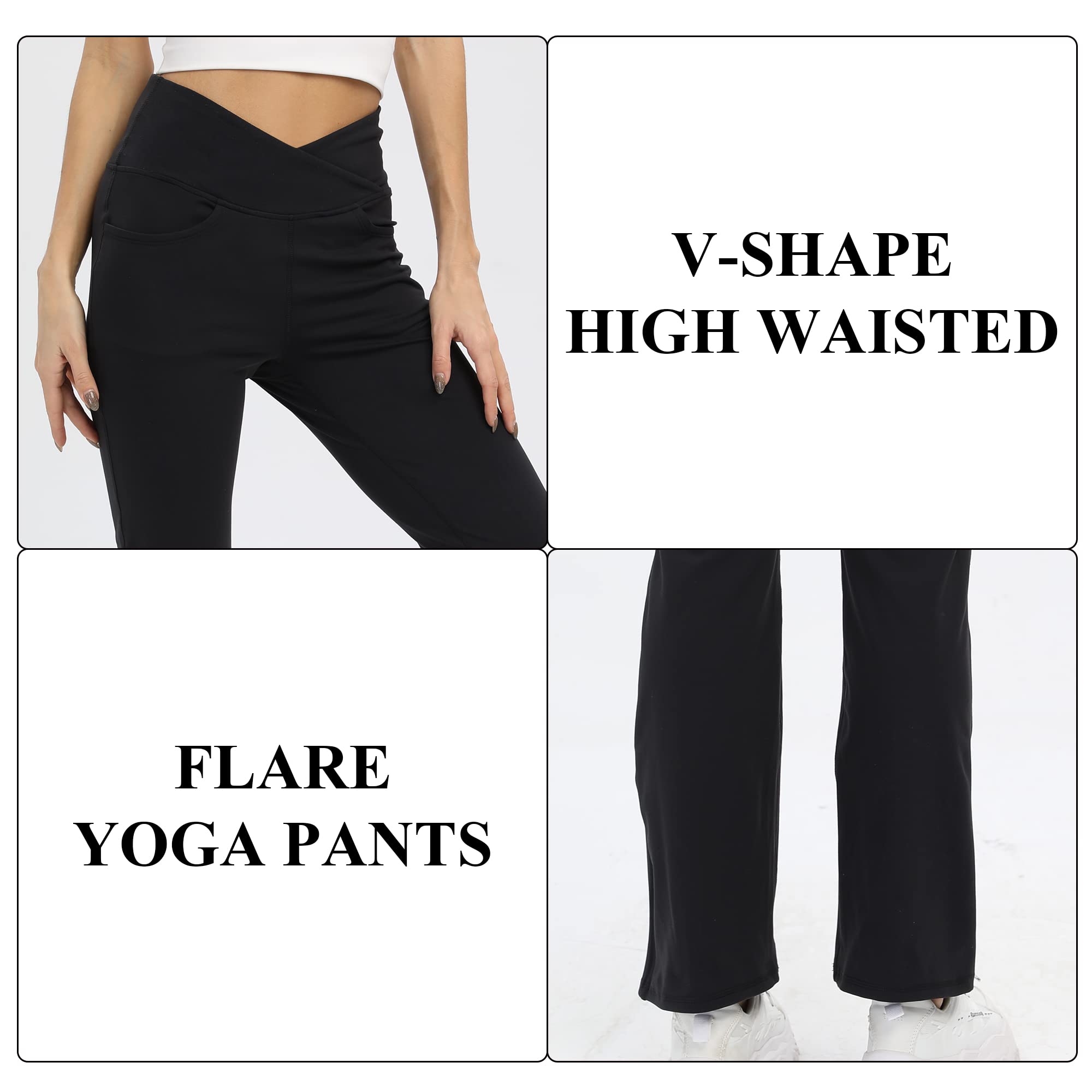 Yinowe Women's Bootcut Yoga Pants V Crossover High Waisted Long Flare Legging Work Pants with Pockets Black