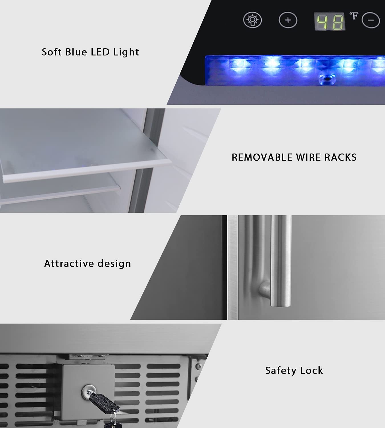 WATOOR 15 Inch Built-in Fridge Stainless Steel Beverage Cooler Under Counter Refrigerator with 36-61°F Temperature Range - Soda and Beer Refrigerator