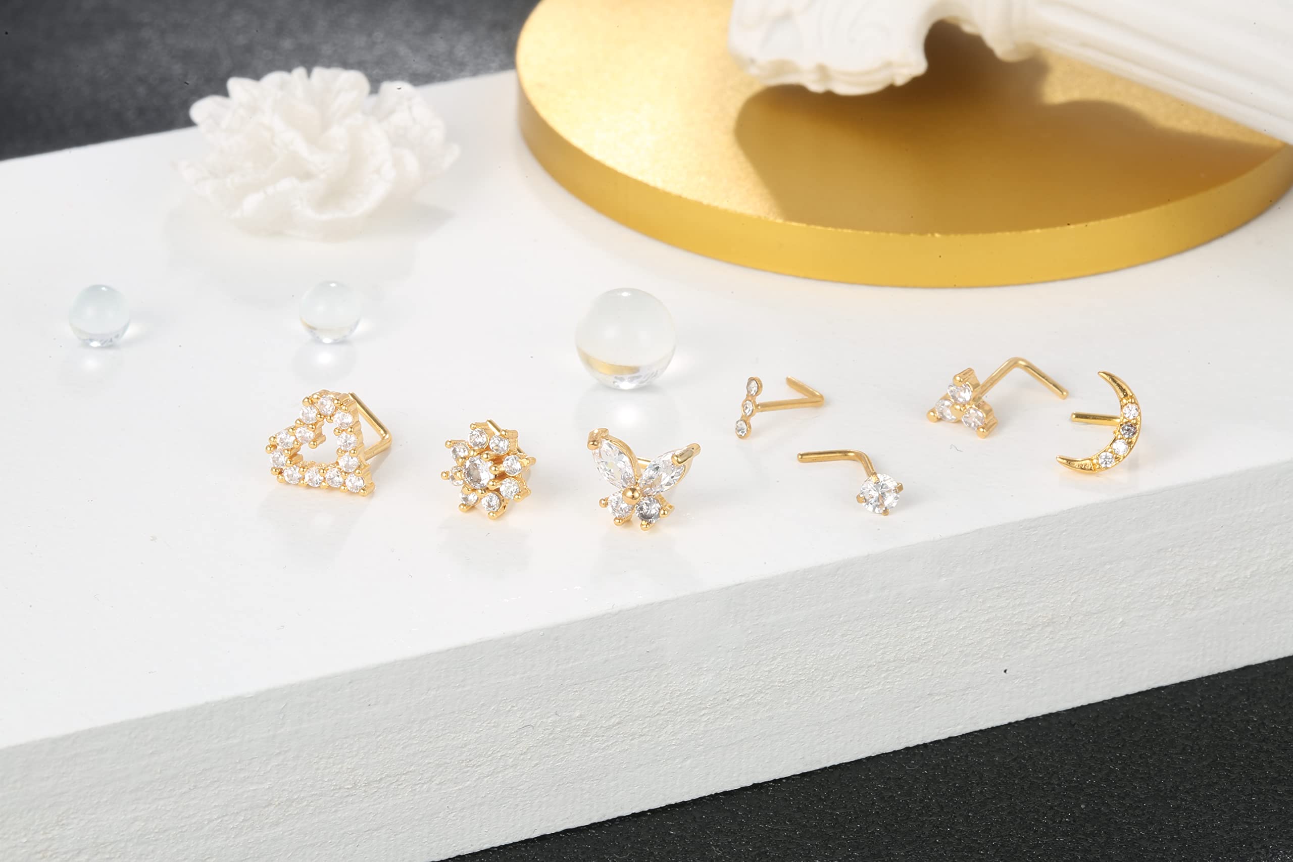 Zankulas Nose Piercings Jewelry Studs Heart Nose Ring L Shaped with Flower Butterfly Elements 20G Gold