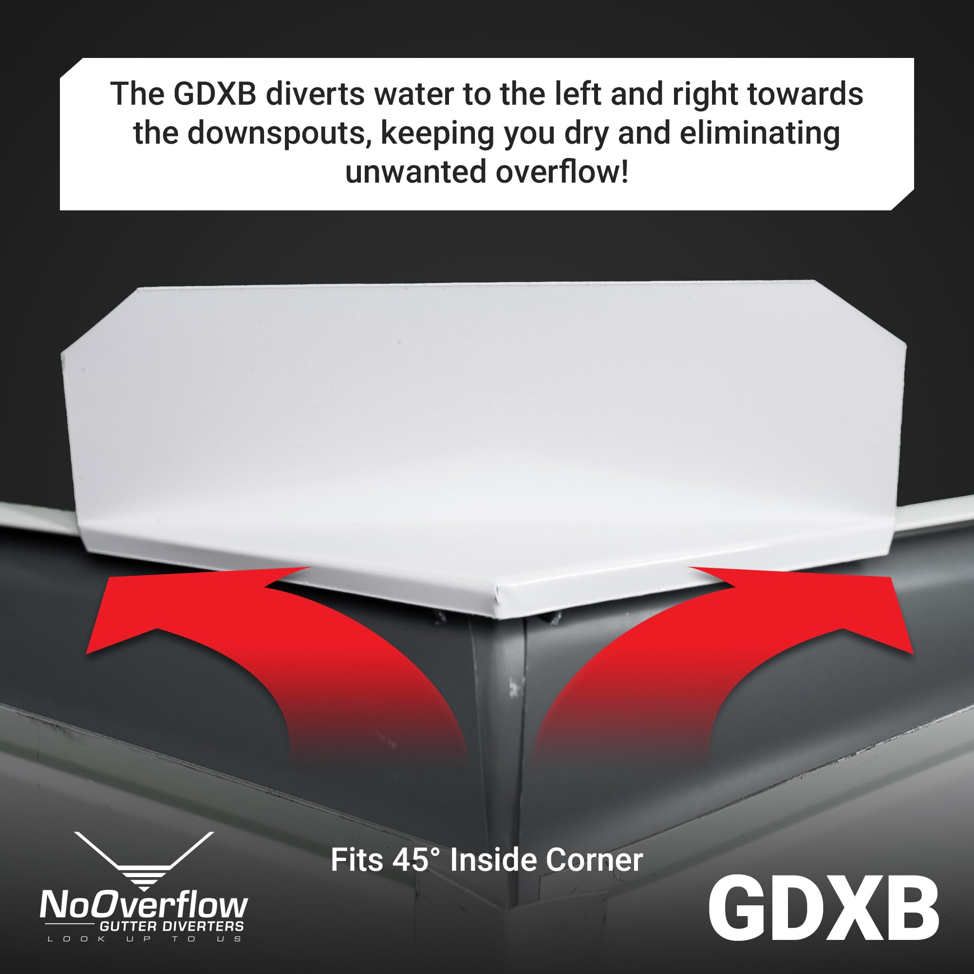 NoOverflow Gutter Diverter Extreme XB - Rain Gutter Extender, Prevent Water Overflow and Property Damage, Heavy-Duty .032 Gauge Aluminum, Left and Right 22.5 Degrees