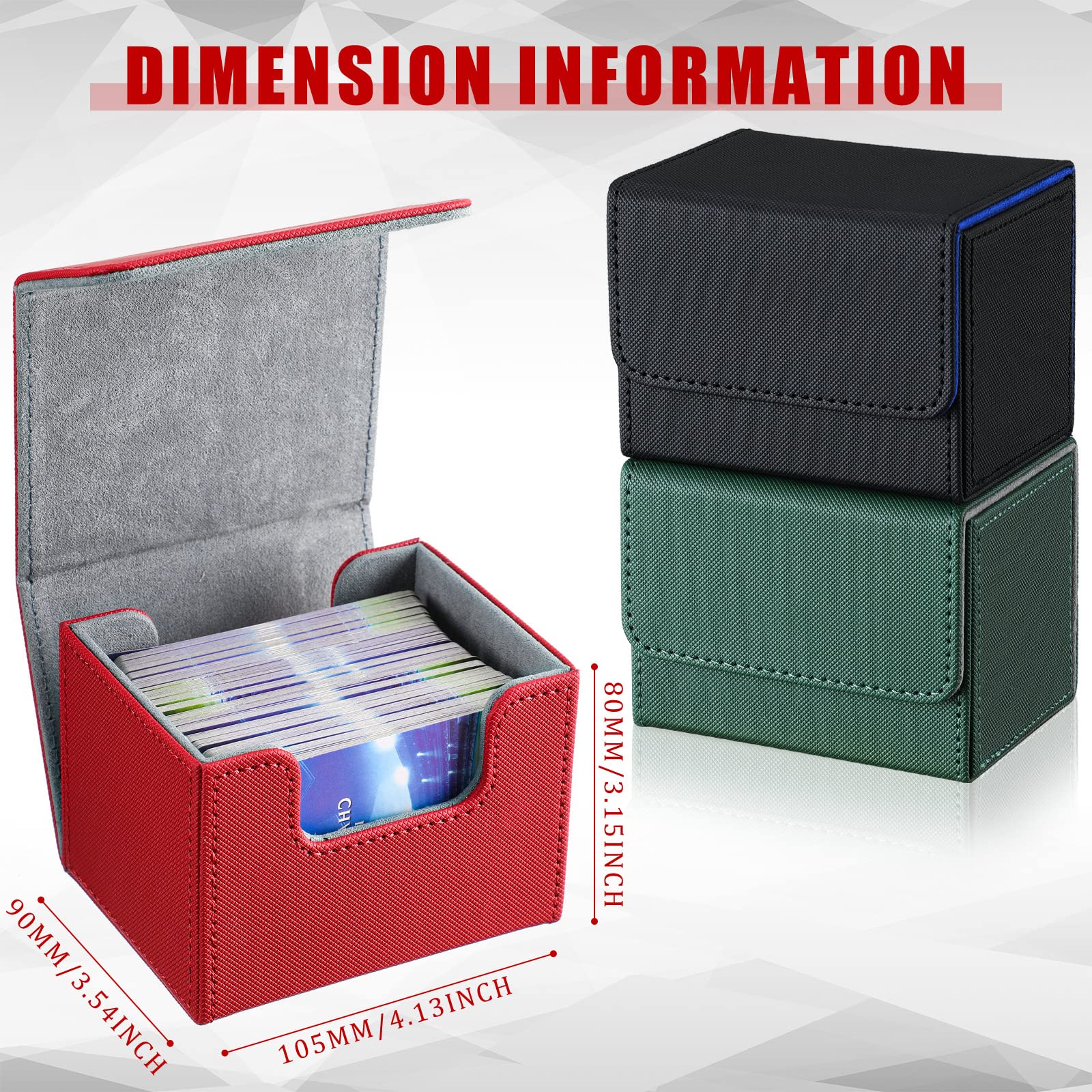 Weewooday 3 Pieces Leather Deck Card Boxes Cards Deck Game Box for 100 Plus Cards Compatible with MTG(Black Blue, Red, Green, Horizontal)