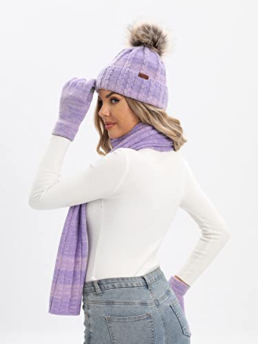 NATUST 3 Pieces Winter Knit Beanie Hat Warm Scarf and Touch Screen Gloves Set Warmer Gloves Set with Fleece Lined Purple