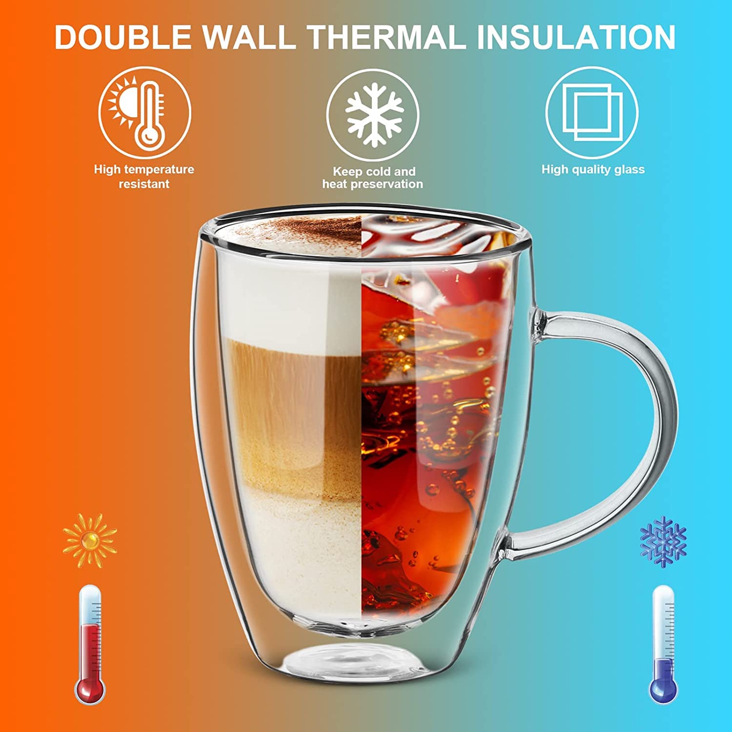 Ulrikco 12 oz Double Walled Glass Coffee Mugs, Clear Cappuccino Glass Mug Set of 4, Double Insulated Glass Coffee Mugs with Handle, Latte Mug, Espresso Mug Cups for Hot/Cold Drinks, Dishwasher Safe
