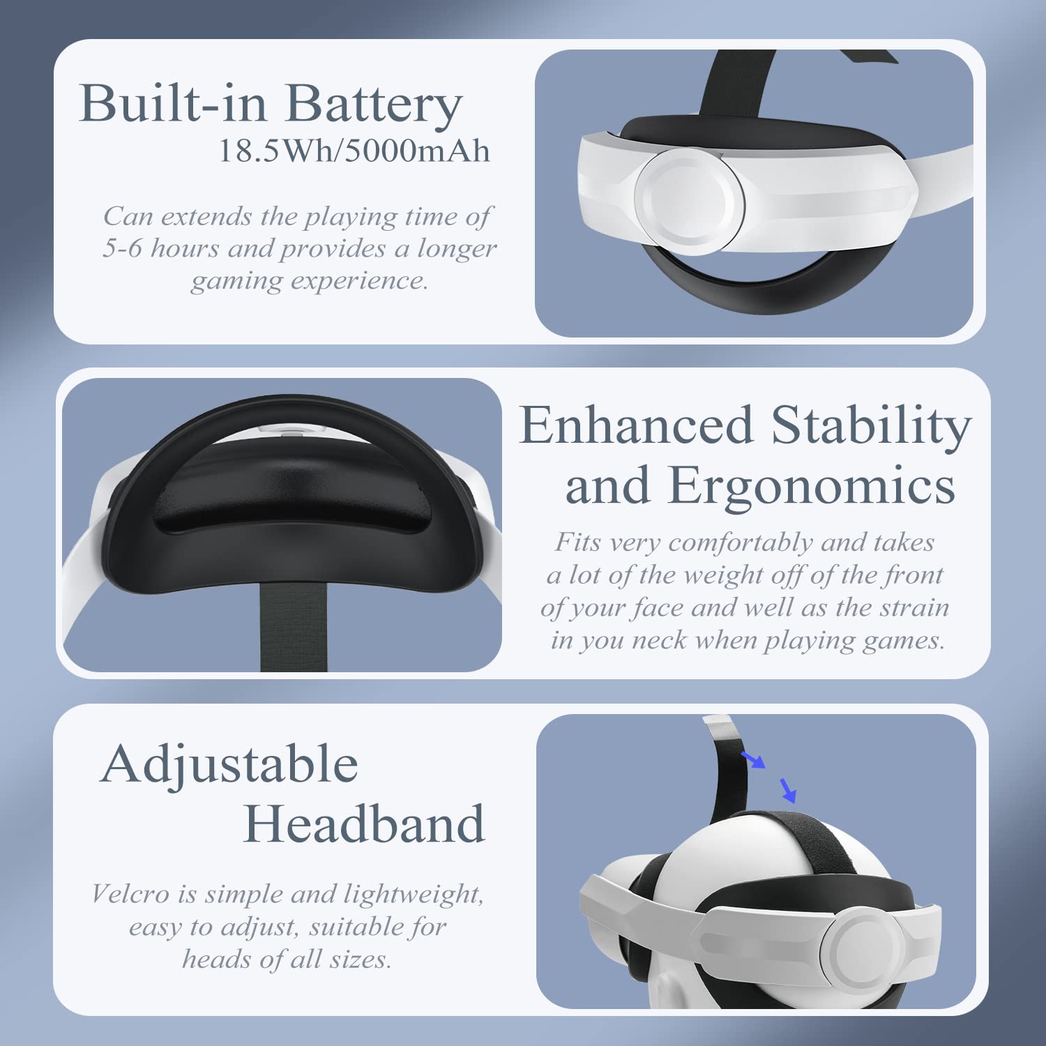 Tsrwuily Adjustable Head Strap vr Oculus Quest 2 Accessories, Built-in 5000 mAh Battery Adjustable Meta Quest 2 Elite Strap with Silicone Grip Cover, Oculus Quest 2 Accessories Battery Pack
