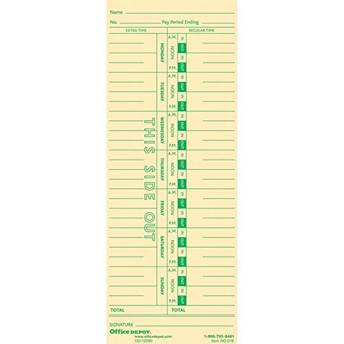 Office Depot Time Cards, Weekly, Monday-Sunday Format, 1-Sided, 3 3/8in. x 8 7/8in., Manila, Pack of 100, GB-740016