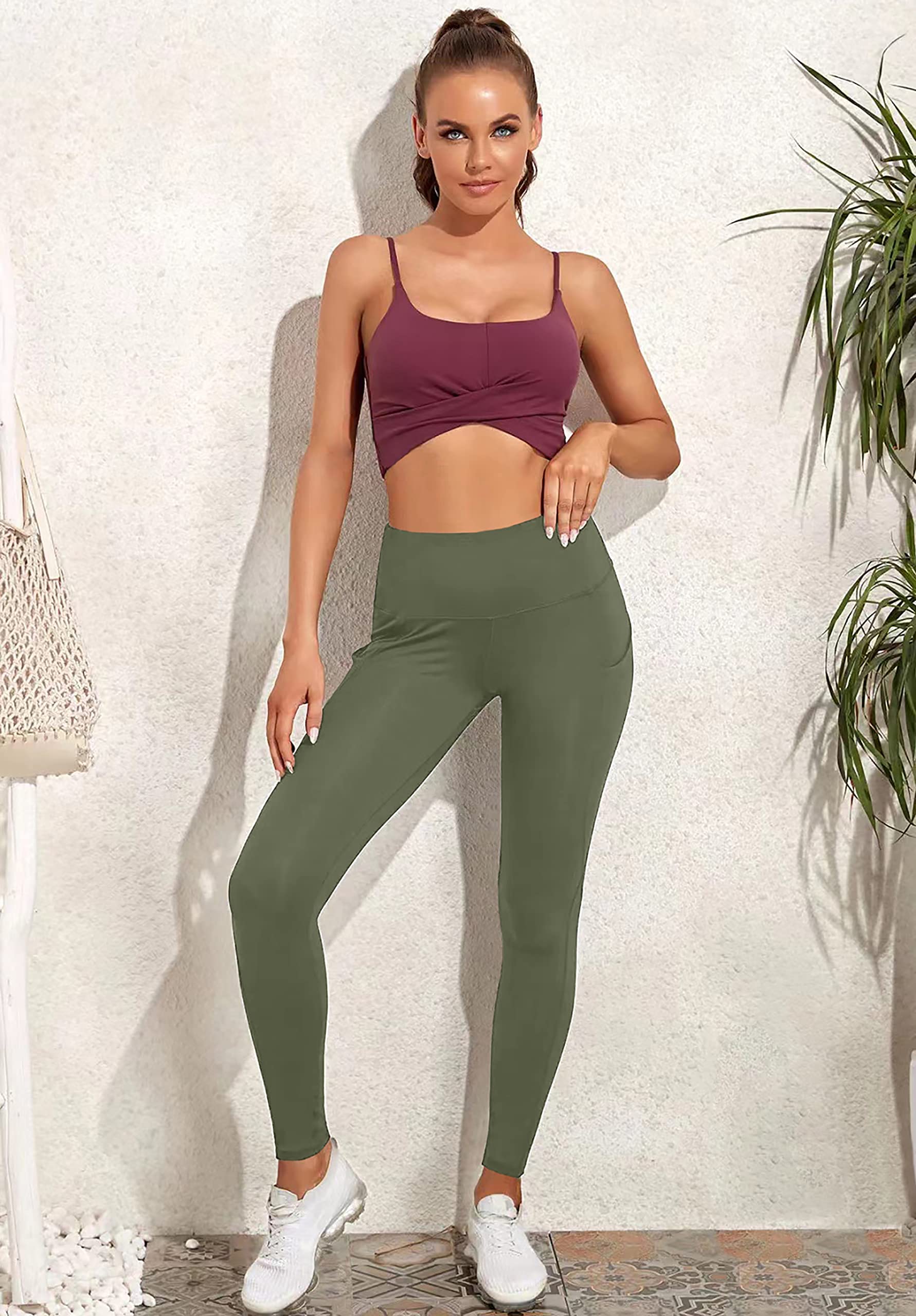 Taydey Women's High Waisted Yoga Leggings with Pockets,Tummy Control Workout Athletic Running Yoga Pants Olive Green L