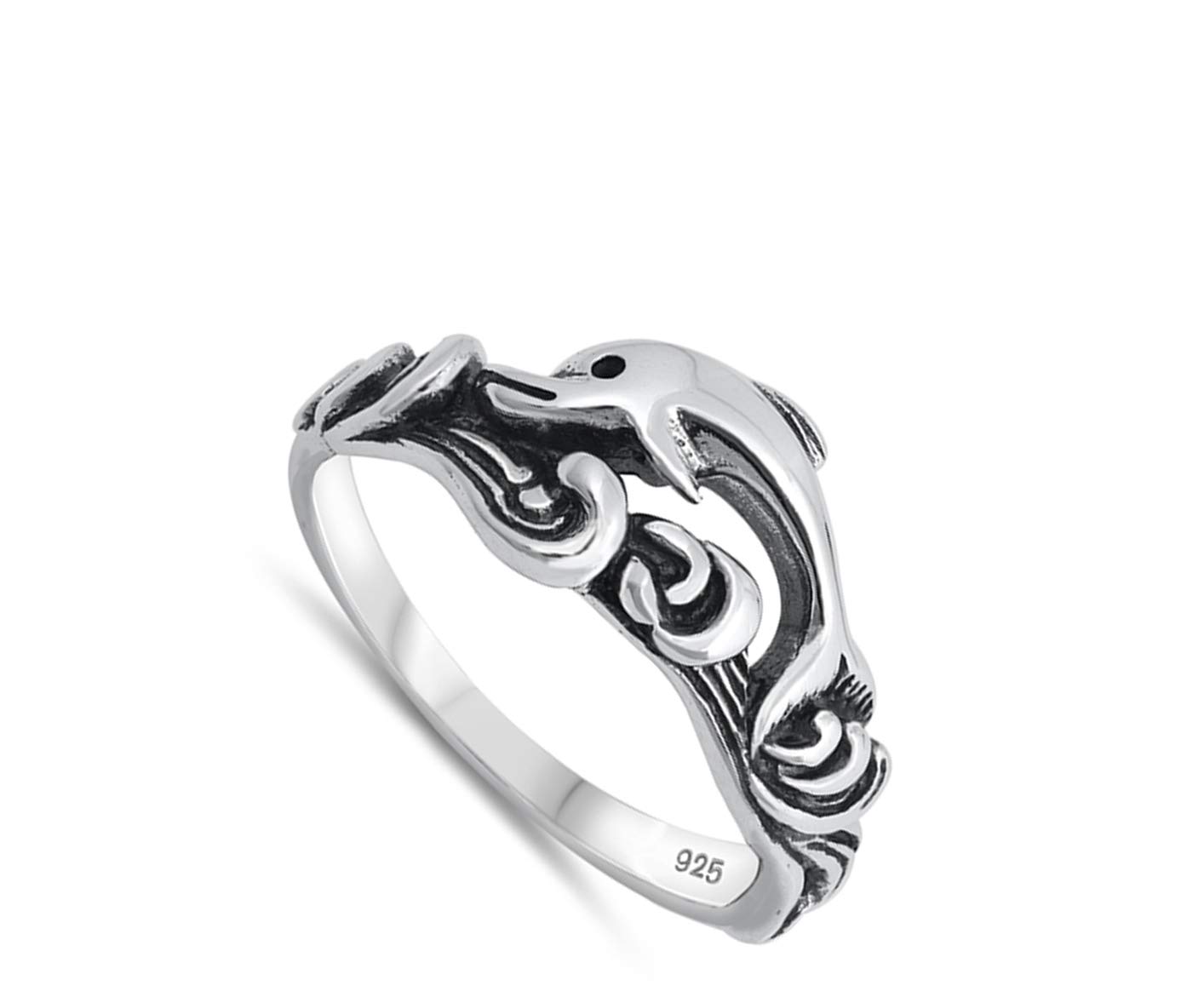 Oxidized Dolphin Animal Wave Play Ring New .925 Sterling Silver Band Size 6