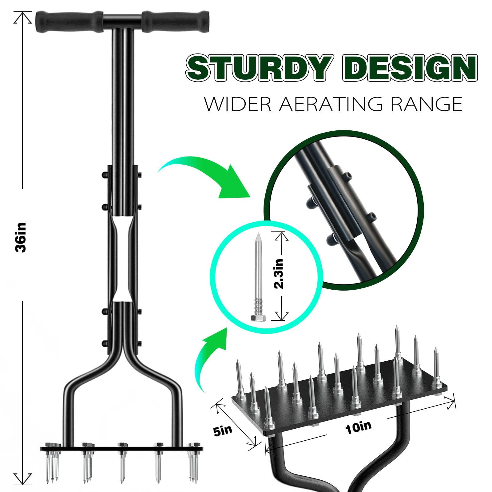 vanpein Lawn Aerator Spike Manual Tool with 15 Iron Spikes, Garden Grass Aeration Tools Hand Air Aerator & Clean Tool for Aerating Lawns & Yard Care, Loosening Soil, 36β