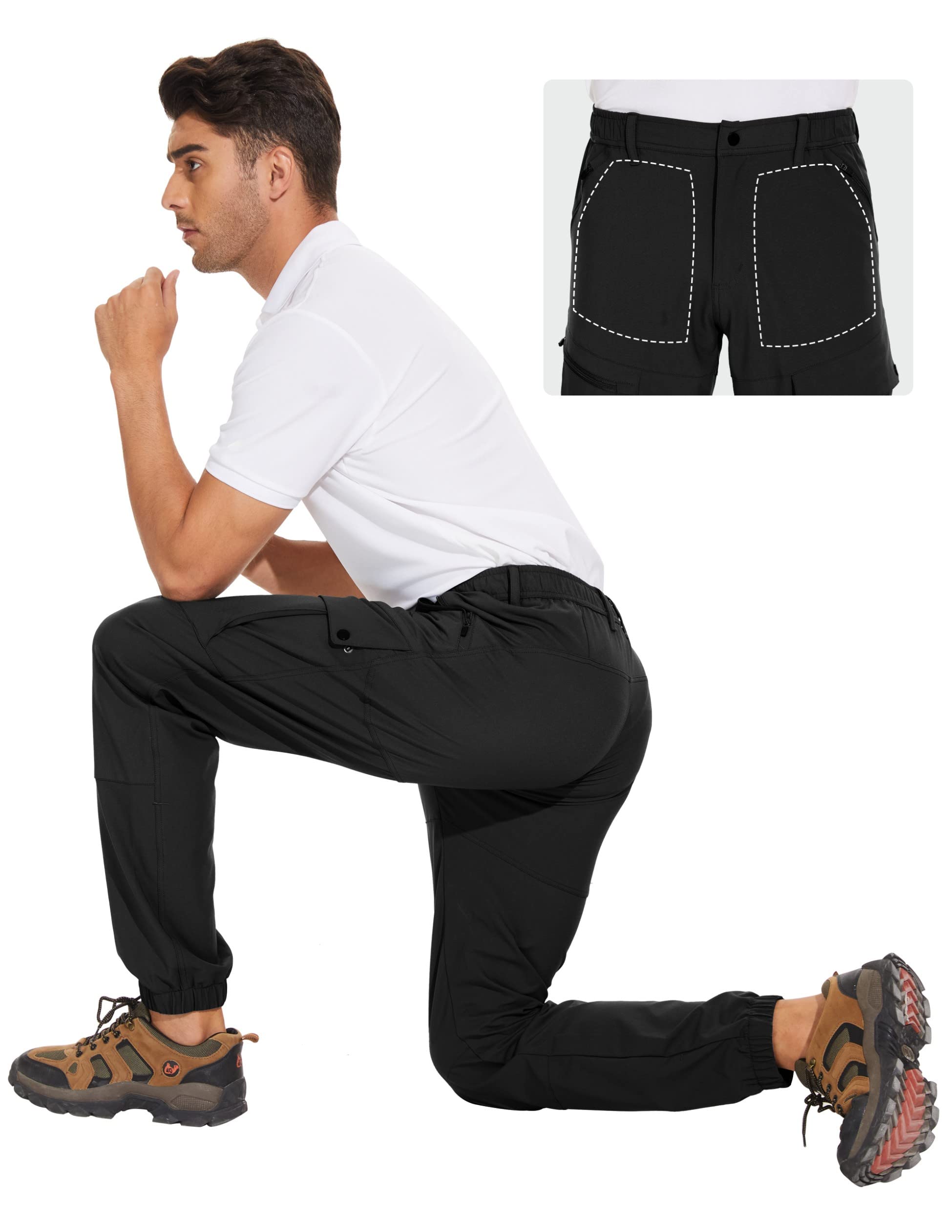 SPECIALMAGIC Men's Cargo Joggers Hiking Pants Slim Fit Waterproof Travel Pants Work Casual Skinny Golf Pant with Pockets Black