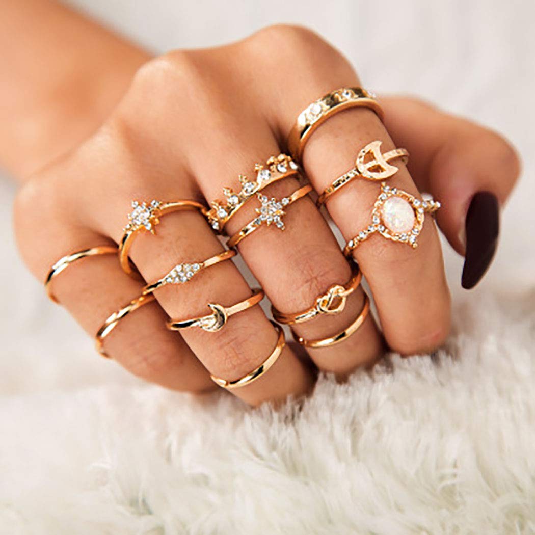 O Jeweky Vintage Kunckle Rings Gold Stackable Joint Finger Rings Set Crystal Crown Nail Accessories Jewelry for Women(Pack of 13)