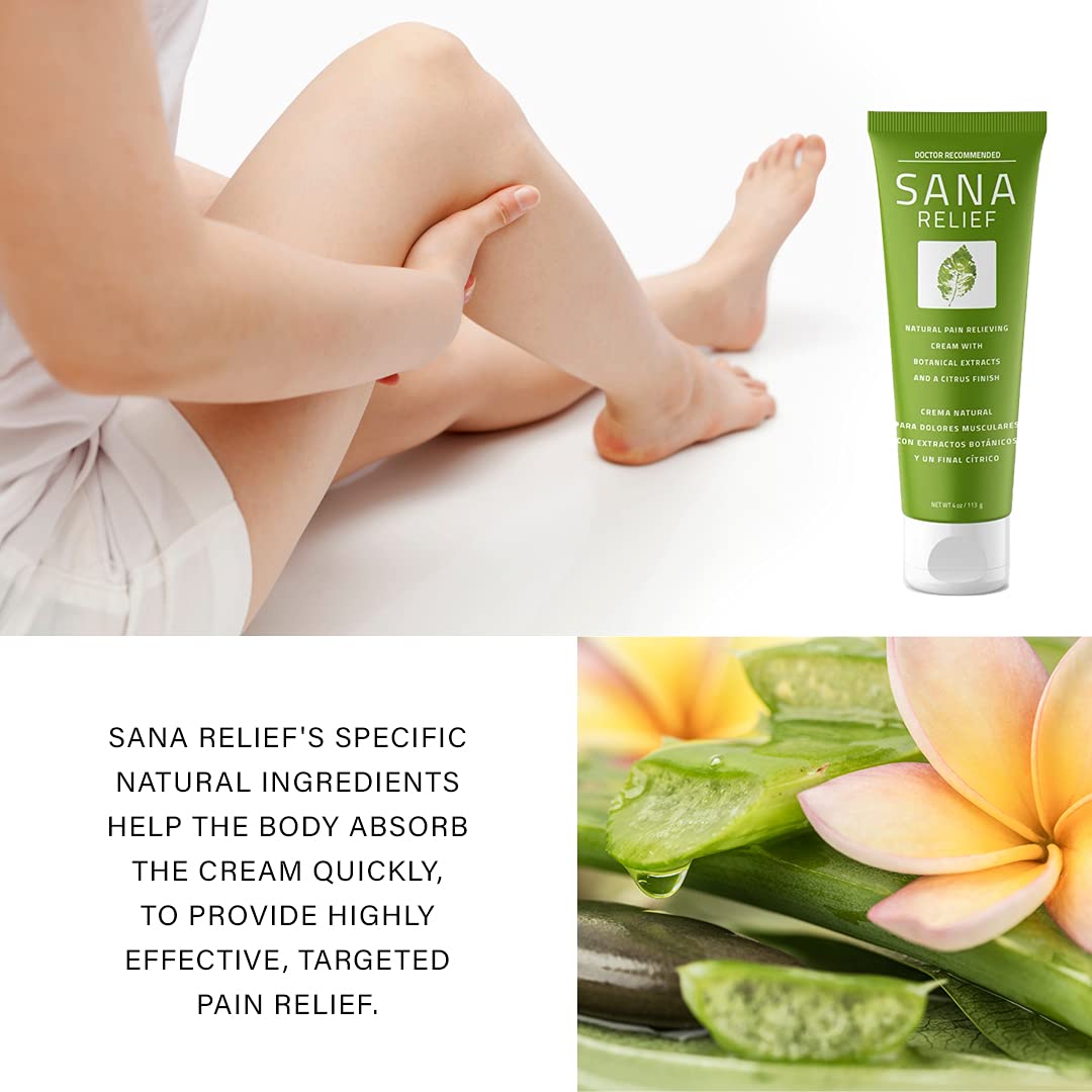 SANA RELIEF - All Natural & Fast Acting Topical Pain Relief Cream for Back, Neck, Knees, Hips, Shoulders, Elbows, Joints and Muscles, 4oz