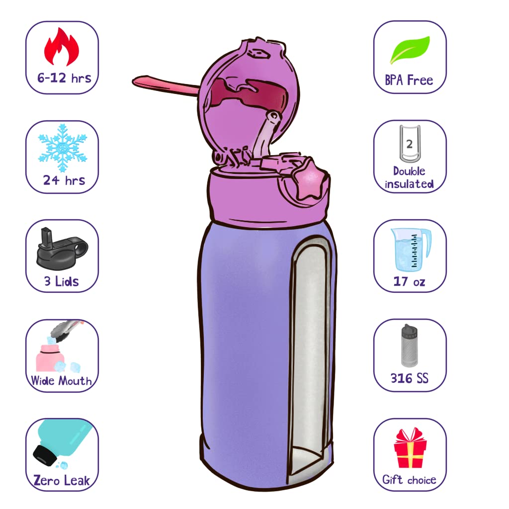Talavan Kids antler Water Bottle 500ml 316 Stainless Steel vacuum insulated thermos with straw (Unicorn)