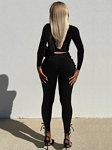 Track Suits for Women Set 2 Piece Ribbed Workout Outfit Long Sleeve Crop Top Butt Lift Legging Sets Black L