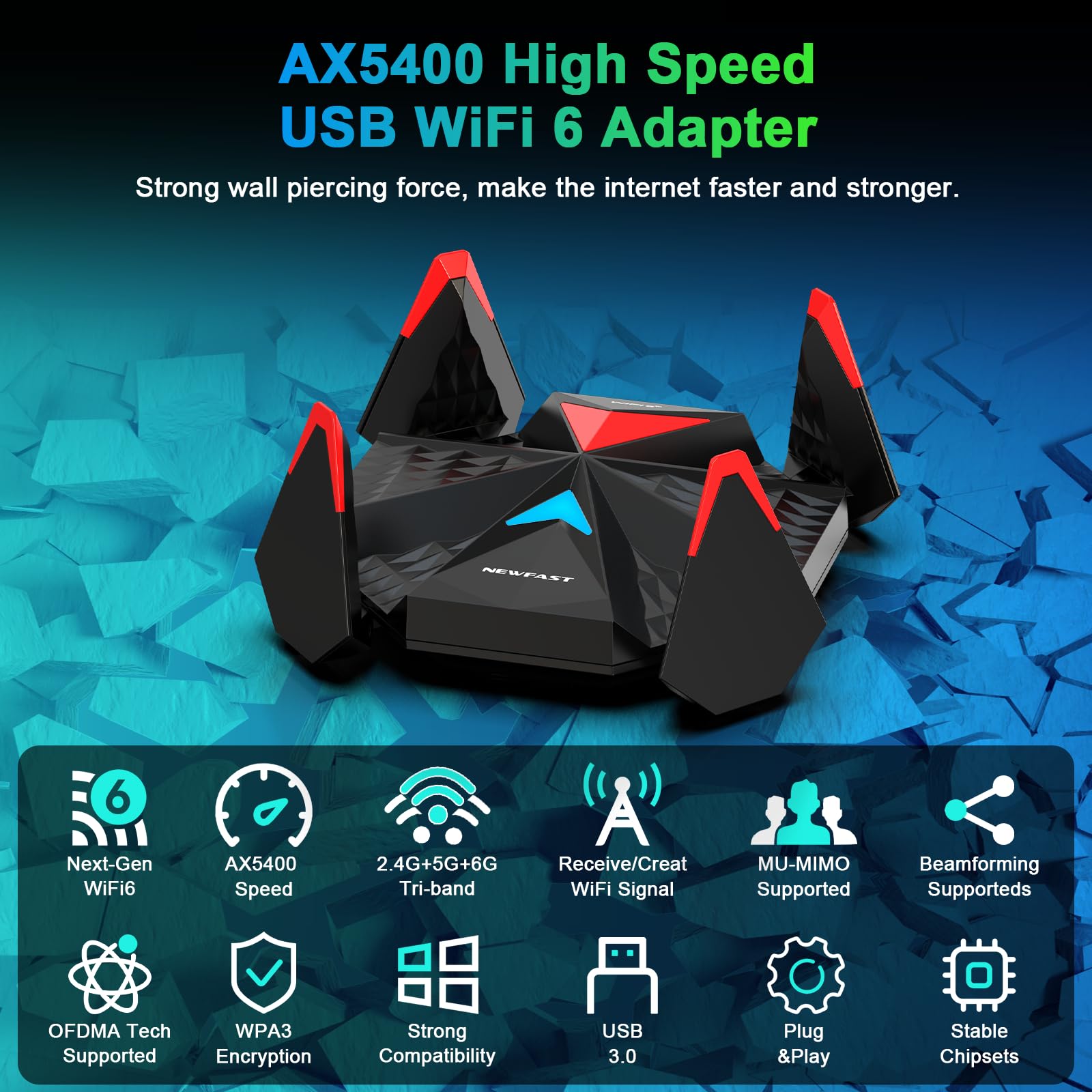 NEWFAST AX5400 WiFi 6 Adapter, USB 3.0 WiFi 6E Adapter for Gaming PC, 5400Mbps Tri-Band E-Sports Wireless Adapter for Desktop PC Laptop, Wireless Network Adapter WiFi Dongle Supports Windows 11/10