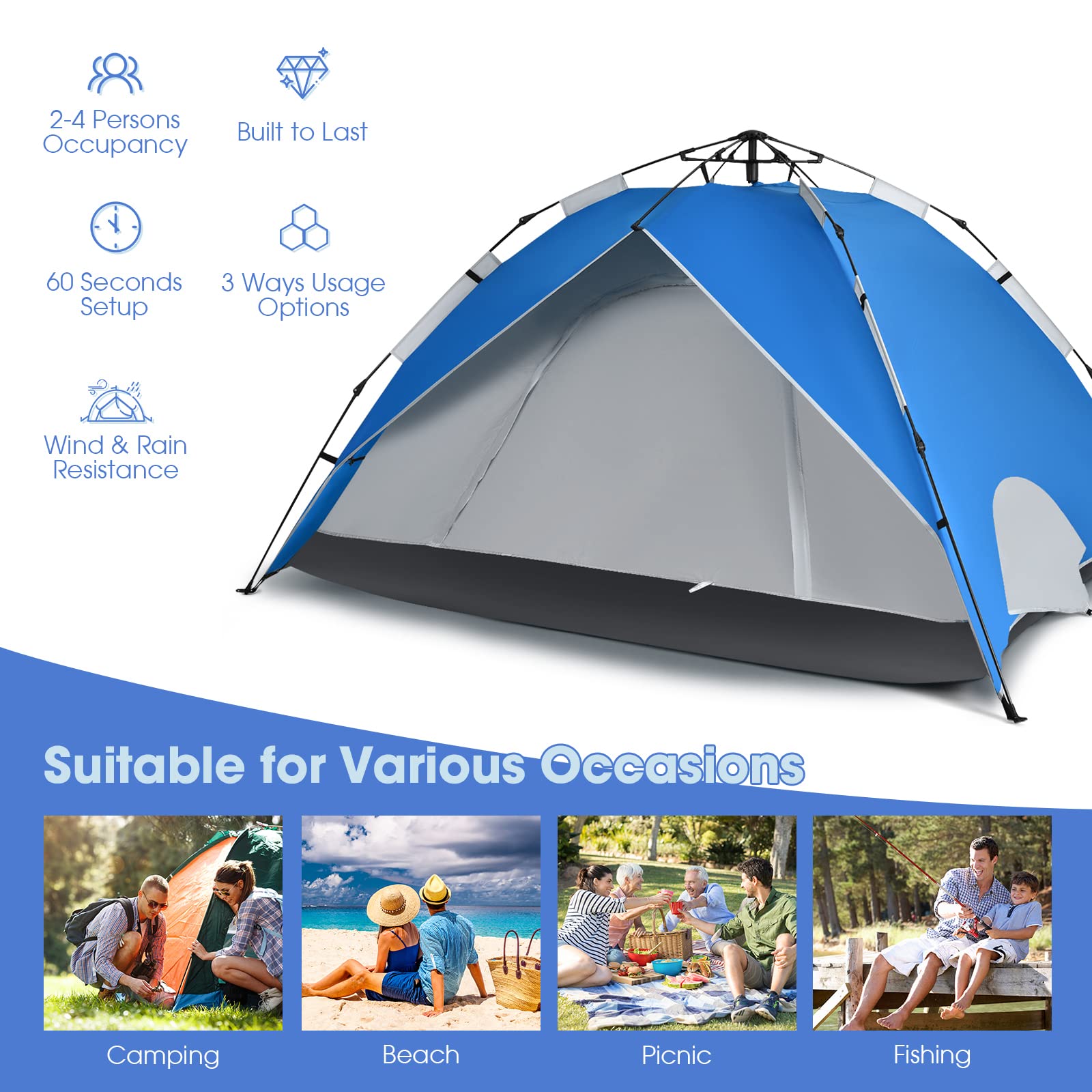 Tangkula 4 Person Pop up Camping Tent, 2-in-1 Portable Backpacking Tent with Removable Rainfly, Carry Bag, 2 Mesh Windows, 2 Doors, Family Dome Tent for Camping Hiking Mountaineering