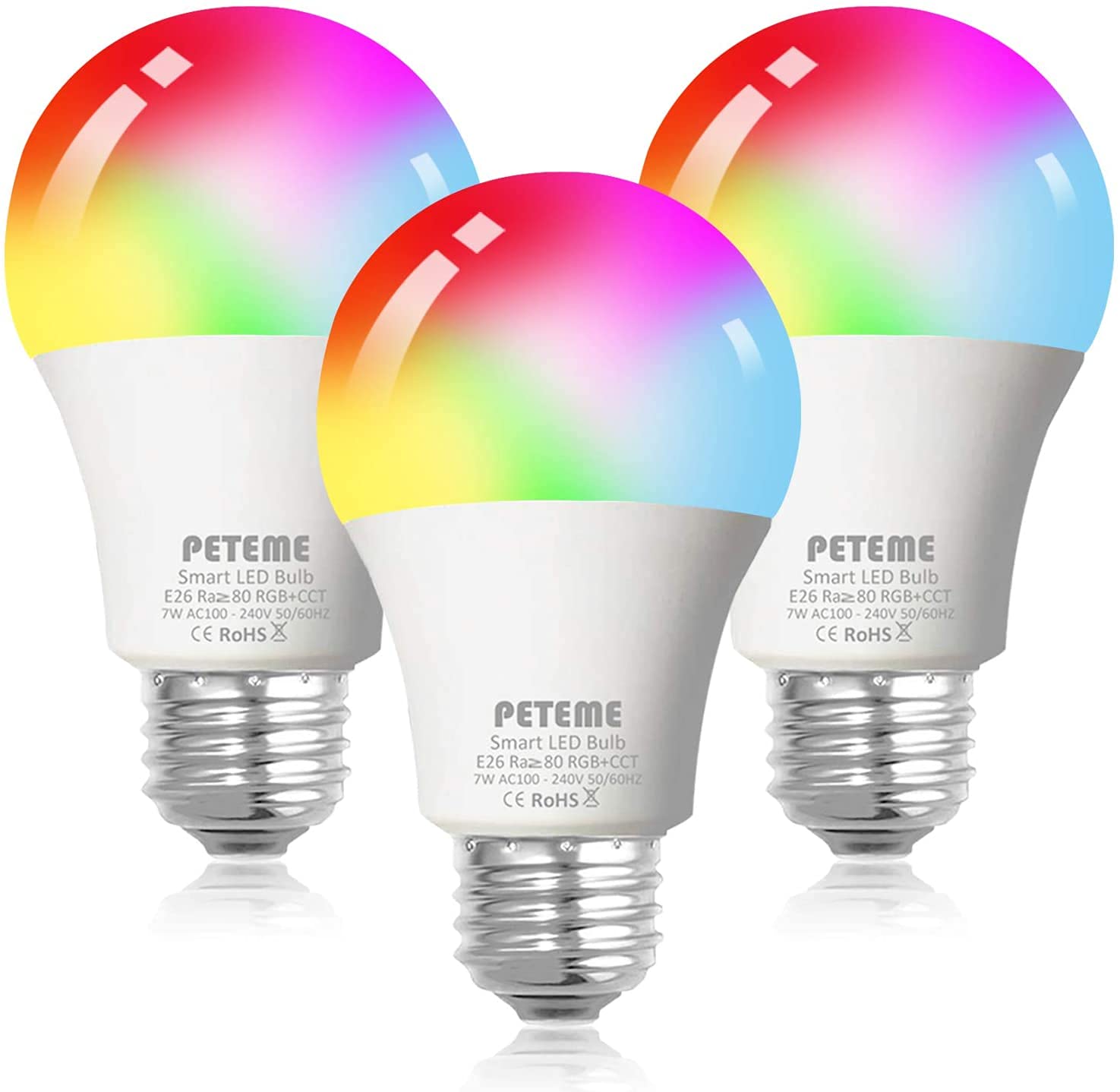 Peteme Alexa Smart Light Bulbs, LED Warm White RGB Color Changing WiFi Smart Bulbs That Work with Alexa, Siri, Echo, Google Home (No Hub Required), E26 A19 7W Multicolor (3 Pack)