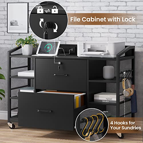 SEDETA 44" File Cabinet, Filing Cabinet fits Legal/Letter Size, 2 Drawer File Cabinets for Home Office with Lock, Power Strip, 6 Storage Shelves, Rustic Brown