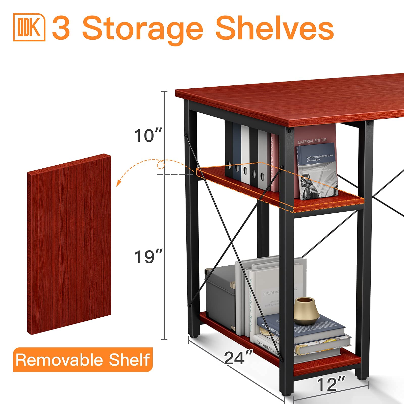 ODK Home Office Desk with Shelves, 60" Tower Computer Desk, Stable Writing Table with Double Shelf, Teak