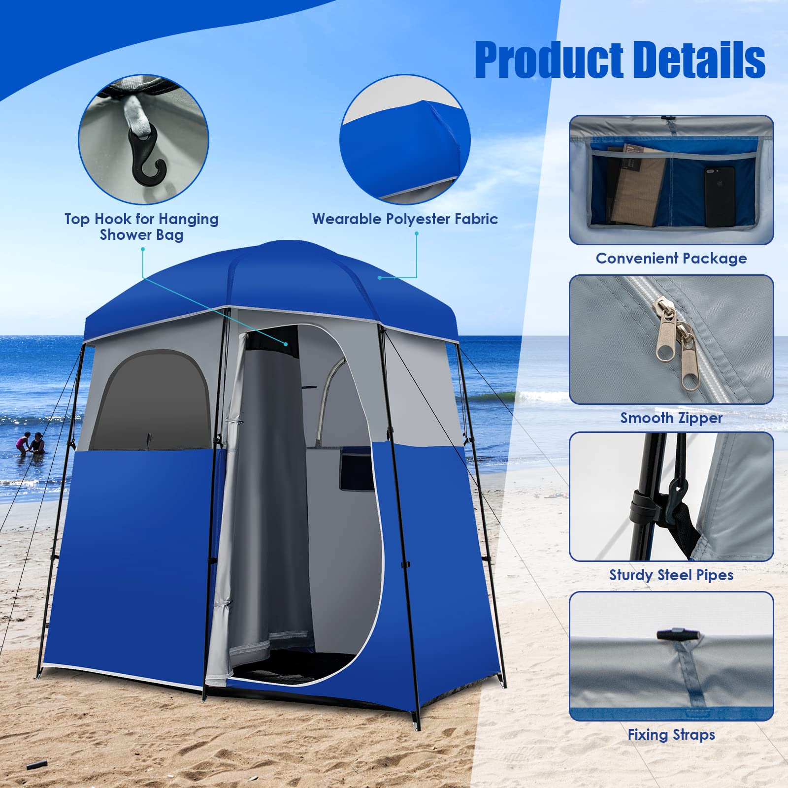Tangkula Double-Room Shower Tent, Oversize Space Privacy Tent for Camping with Floor, Portable Camping Changing Tent with Removable Rain Fly, Storage Bag for Dressing, Toilet
