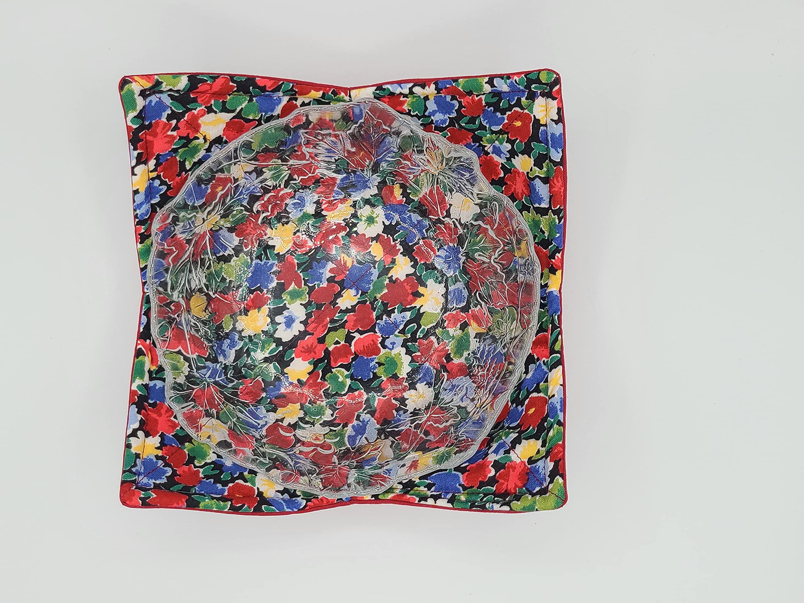 Red White Blue Roses Microwave Cozy Ditzy Floral Reversible Microwaveable Soup Holder Summer Potholder Flower Bowl Buddy Handmade Housewarming Hostess Gifts Under 10