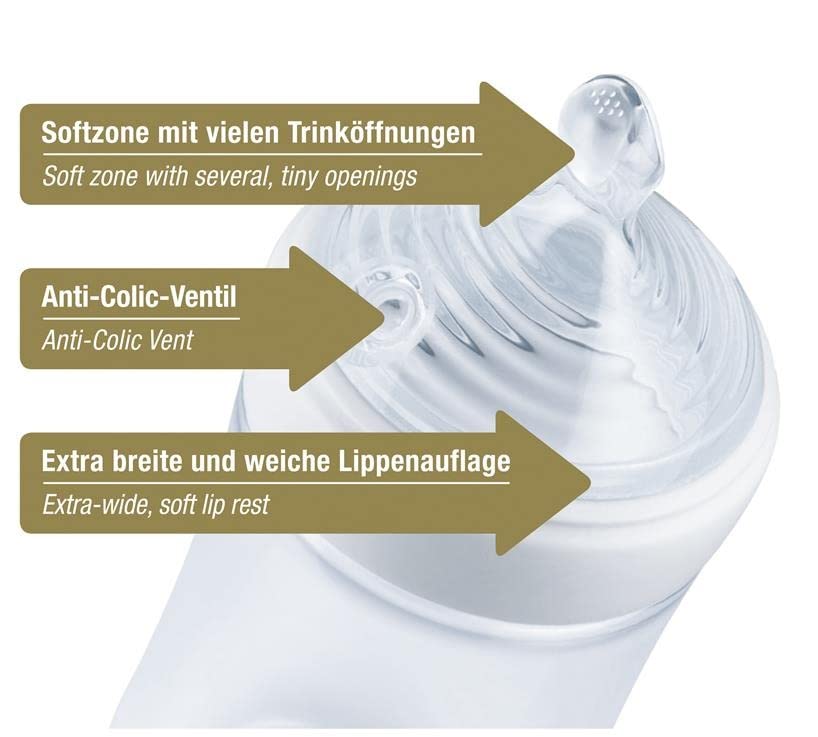 NUK Nature Sense Glass Bottle with Silicone 0-6 Months, S (3 Tiny Openings for Breast Milk, Tea, Water), Holds 120 m White
