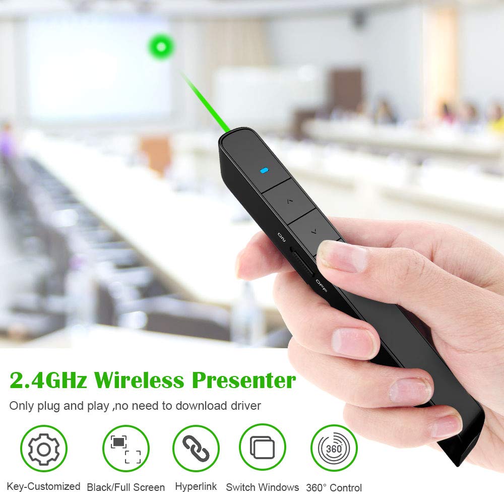 Norwii Presentation Clicker Green Light Pointer USB Rechargeable Wireless Presenter PowerPoint Clicker Hyperlink Presentation Remote Control Slide Advancer RF 2.4GHz for Keynote/Mac/PC/Laptop …